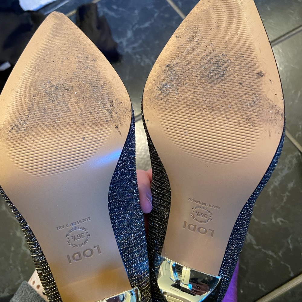 Lodi Gold Metallic Sparkle Pumps. Gold Square End Hee… - Gem